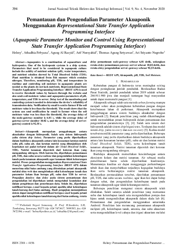 Pdf Pemantauan Dan Pengendalian Parameter Akuaponik Menggunakan Representational State