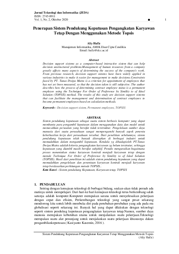 (PDF) Penerapan Sistem Pendukung Keputusan Pengangkatan Karyawan Tetap Dengan Menggunakan Metode ...