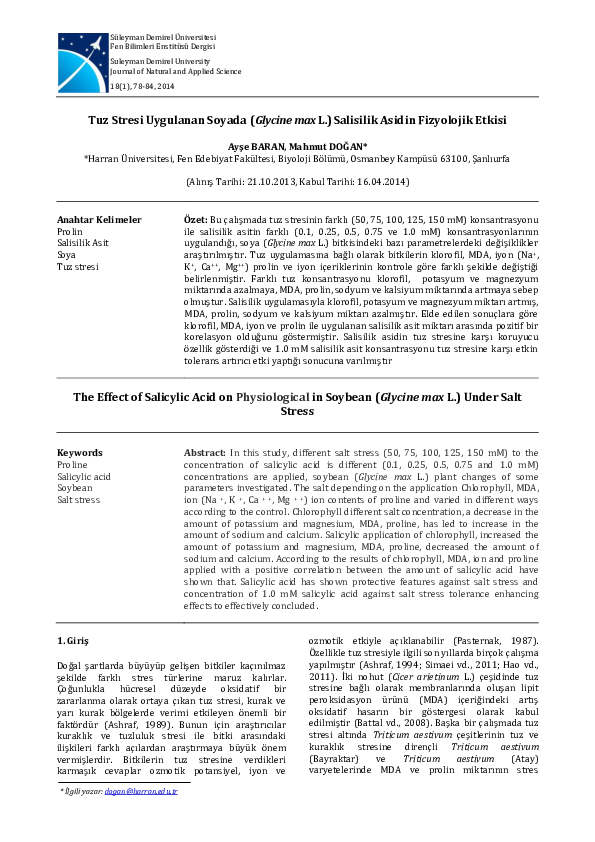 (PDF) Tuz Stresi Uygulanan Soyada (Glycine max L.) Salisilik Asidin ...