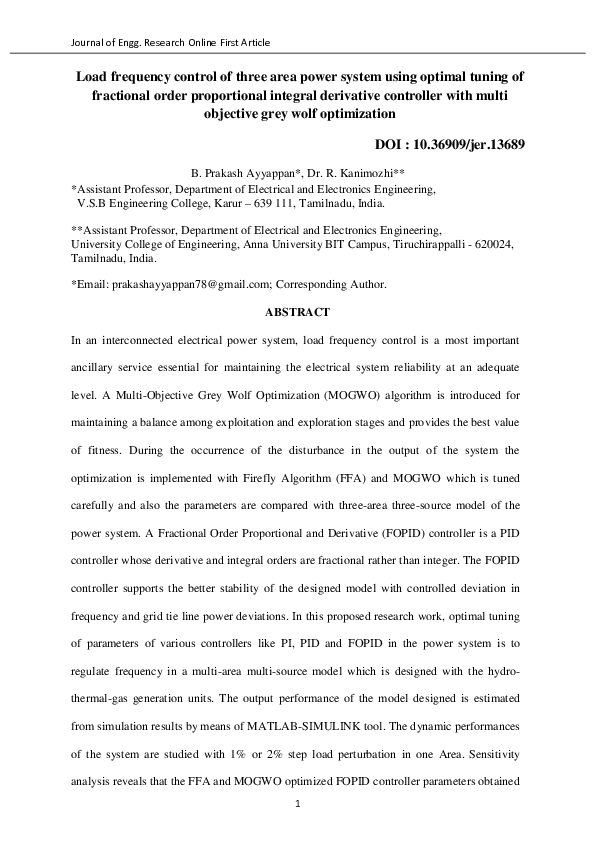 Pdf Load Frequency Control Of Three Area Power System Using Optimal Tuning Of Fractional Order