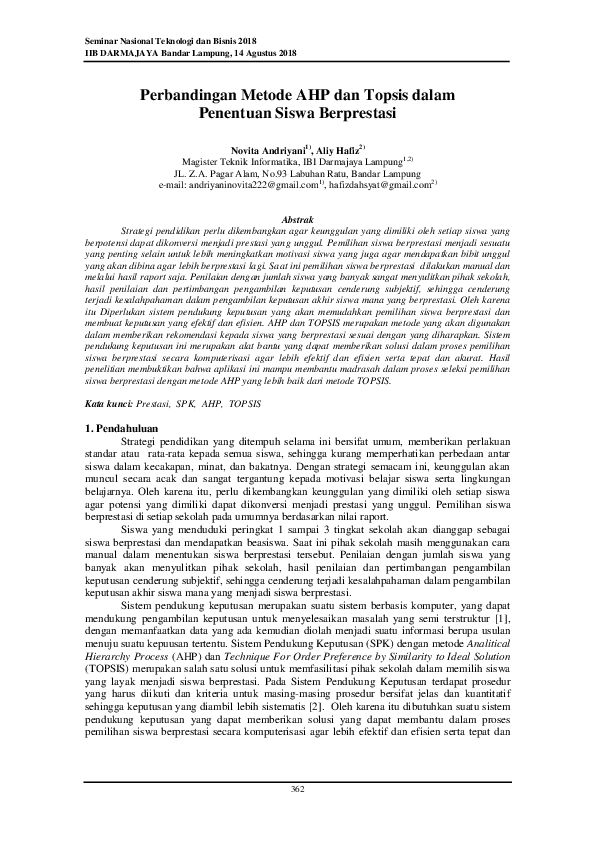 (PDF) Perbandingan Metode AHP dan Topsis dalam Penentuan Siswa Berprestasi