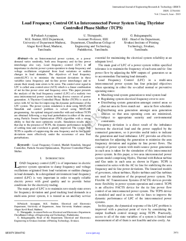 Pdf Load Frequency Control Of An Interconnected Power System Using Thyristor Controlled Phase 