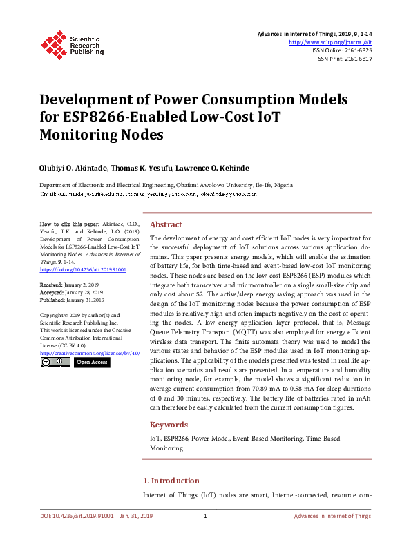 (PDF) Development of Power Consumption Models for ESP8266-Enabled Low-Cost IoT Monitoring Nodes
