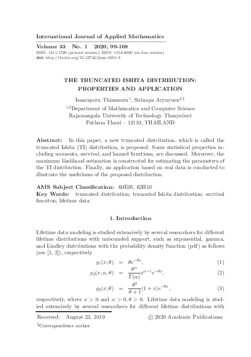 (PDF) The Truncated Ishita Distribution: Properties and Application