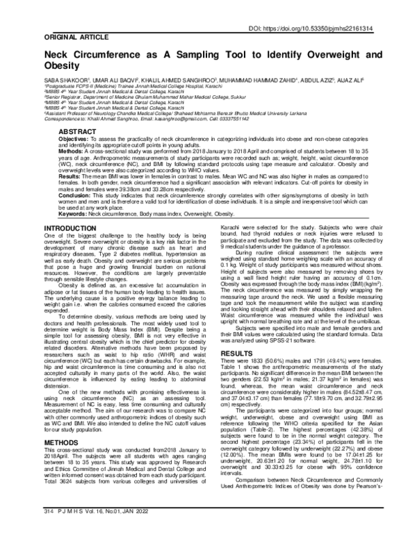 (PDF) Neck Circumference as A Sampling Tool to Identify Overweight and ...