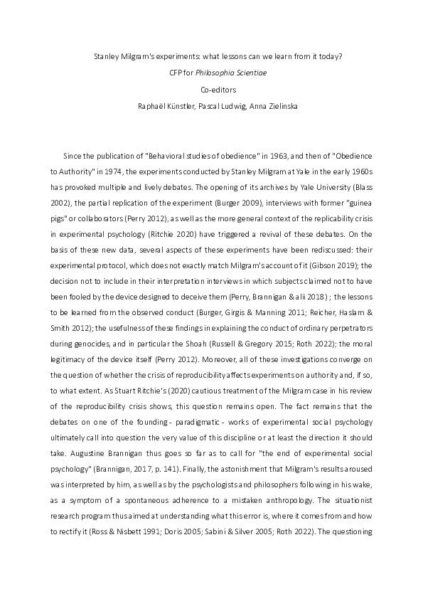 (PDF) CFP_Stanley Milgram's experiments: what lessons can we learn from ...