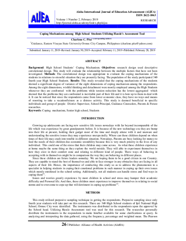 (PDF) Coping Mechanisms among High School Students Utilizing Hassle’s ...