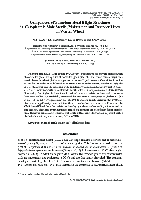 (PDF) Comparison of Fusarium head blight resistance in cytoplasmic male ...