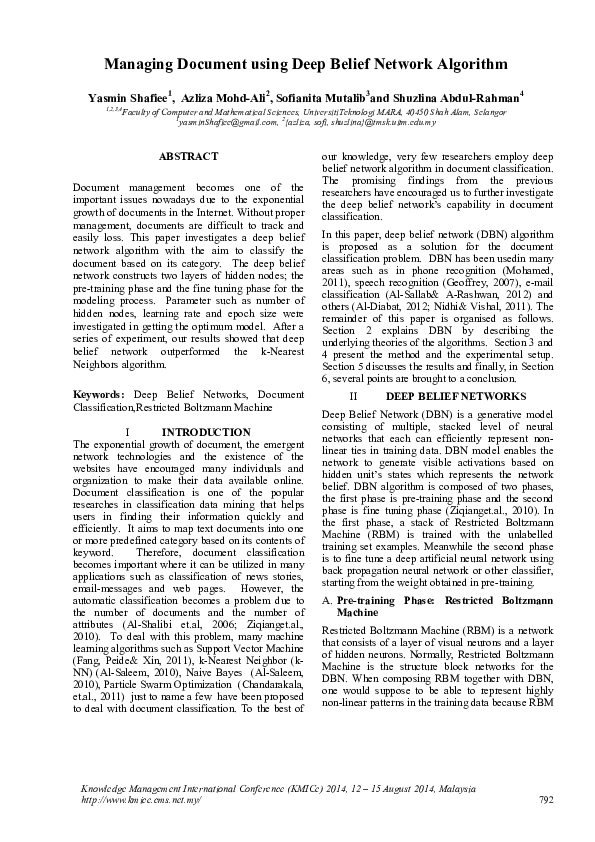 (PDF) Managing Document using Deep Belief etwork Algorithm