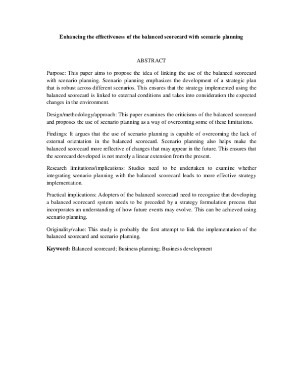 Pdf Enhancing The Effectiveness Of The Balanced Scorecard With Scenario Planning