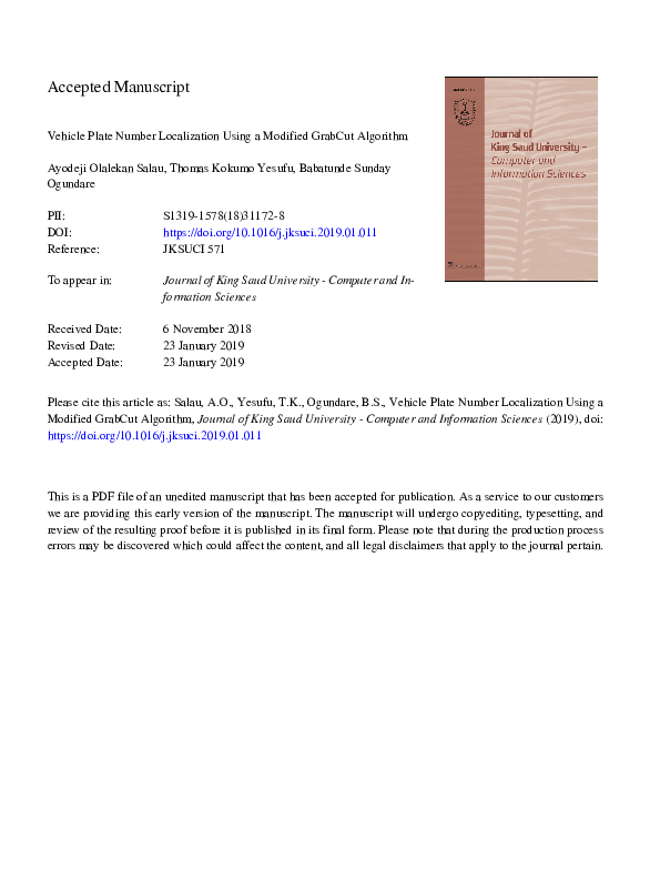 Pdf Vehicle Plate Number Localization Using A Modified Grabcut Algorithm Thomas K Yesufu