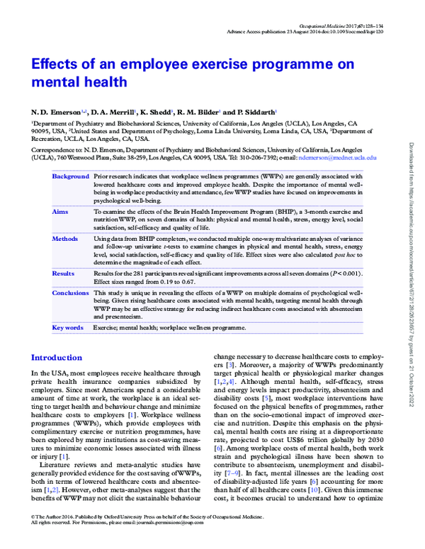 (PDF) Effects of an employee exercise programme on mental health ...