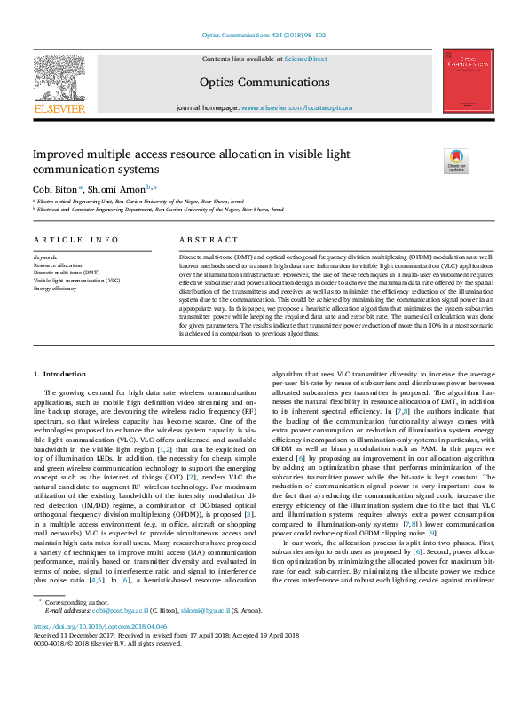 Pdf Improved Multiple Access Resource Allocation In Visible Light Communication Systems