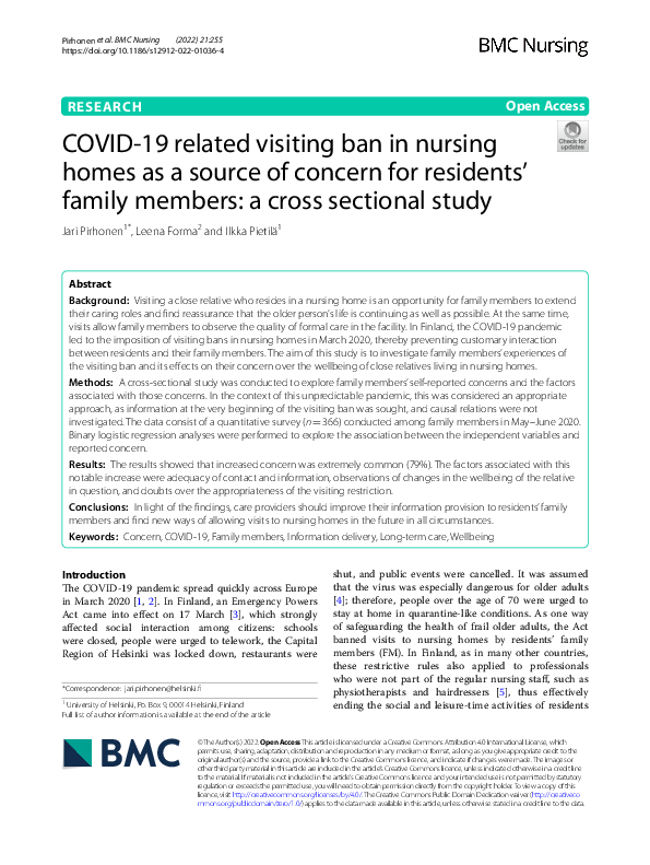 (PDF) COVID-19 related visiting ban in nursing homes as a source of ...