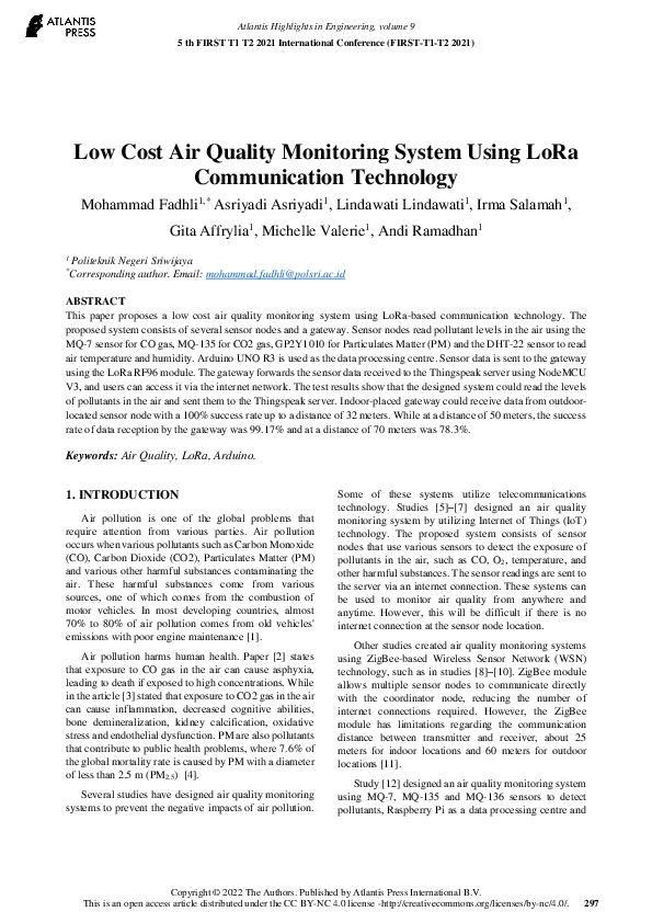 (PDF) Low Cost Air Quality Monitoring System Using LoRa Communication Technology