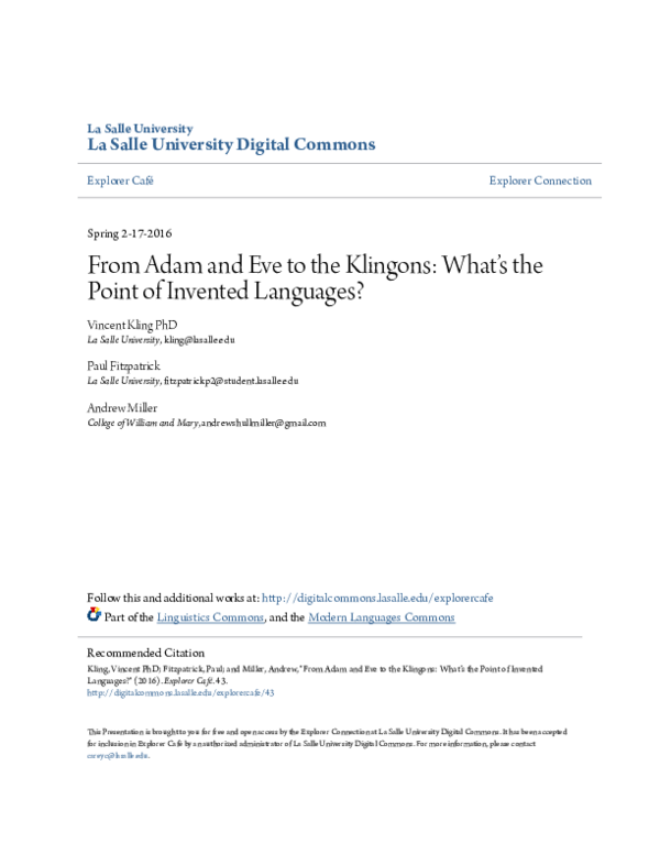 (PDF) From Adam and Eve to the Klingons: What’s the Point of Invented ...