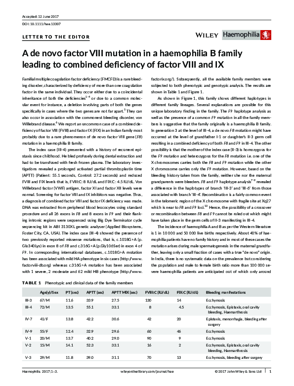 (PDF) A de novo factor VIII mutation in a haemophilia B family leading ...