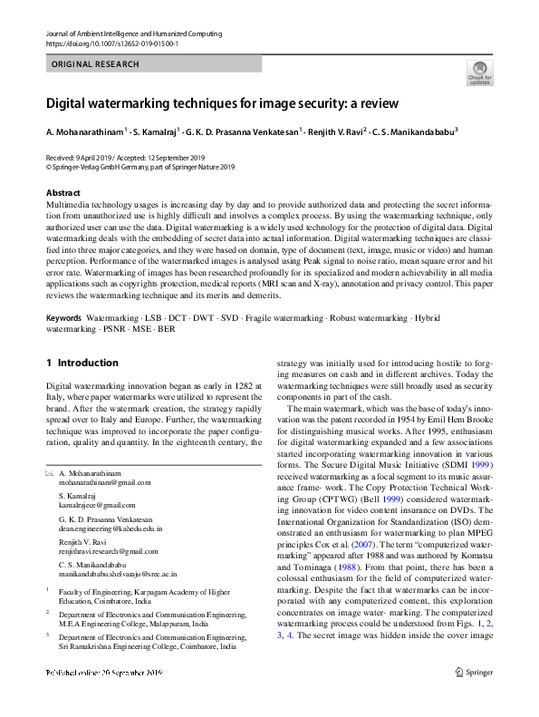 Pdf Digital Watermarking Techniques For Image Security A Review