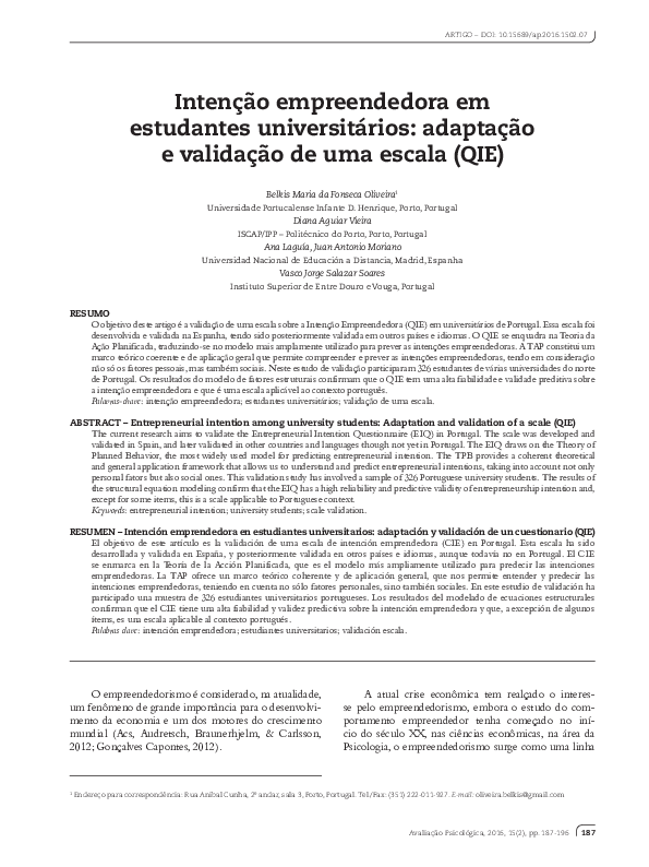 (PDF) Entrepreneurial intention among university students: Adaptation and validation of a scale ...