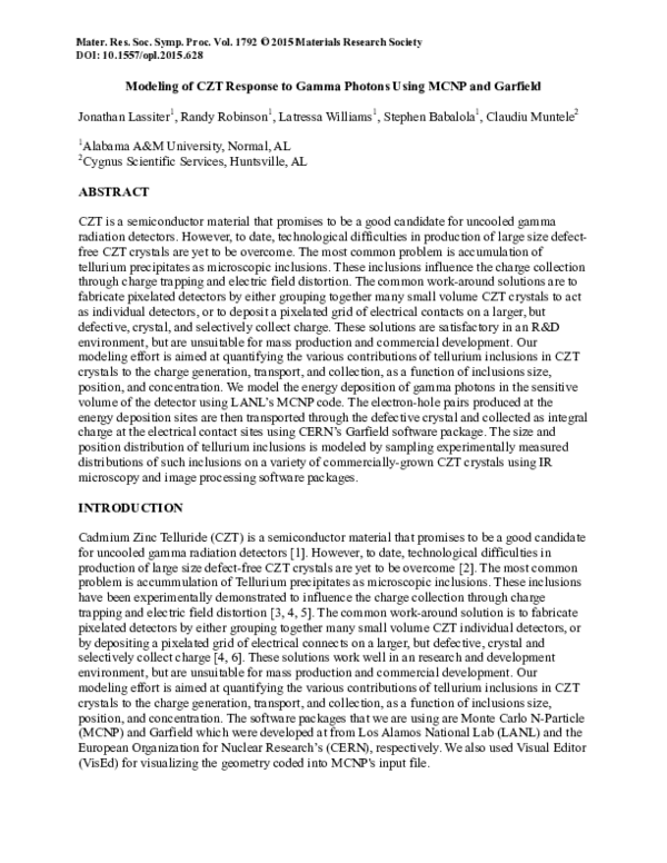 (PDF) Modeling of CZT Response to Gamma Photons Using MCNP and Garfield