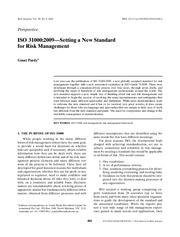 (PDF) ISO 31000:2009-Setting a New Standard for Risk Management