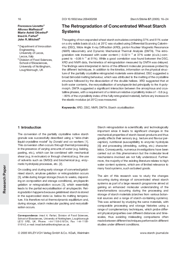 (PDF) The Retrogradation of Concentrated Wheat Starch Systems