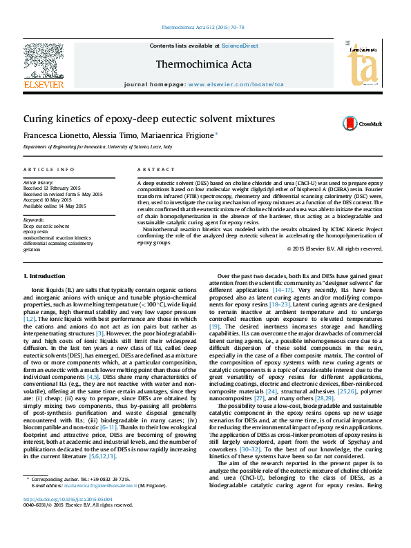 (PDF) Curing kinetics of epoxy-deep eutectic solvent mixtures