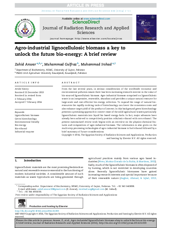(PDF) Agro-industrial lignocellulosic biomass a key to unlock the future bio-energy: A brief review