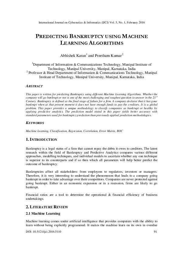 (PDF) Predicting Bankruptcy Using Machine Learning Algorithms | Abhishek karan - Academia.edu