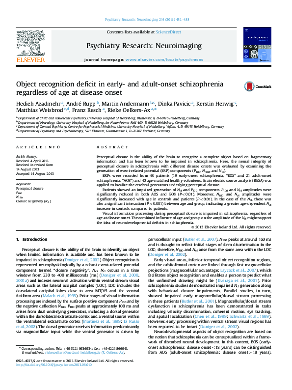 (PDF) Object recognition deficit in early- and adult-onset ...