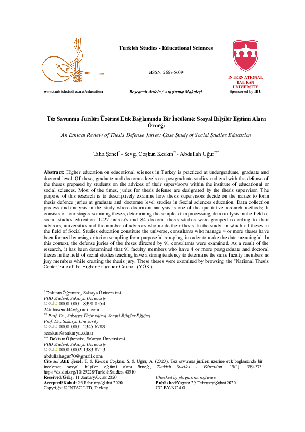 (PDF) Tez Savunma Jürileri Üzerine Etik Bağlamında Bir İnceleme: Sosyal Bilgiler Eğitimi Alanı ...