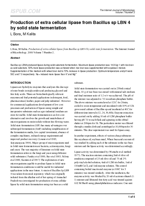 (PDF) Production of extra cellular lipase from Bacillus sp LBN 4 by ...