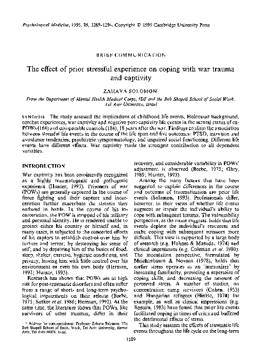 (PDF) The effect of prior stressful experience on coping with war trauma and captivity