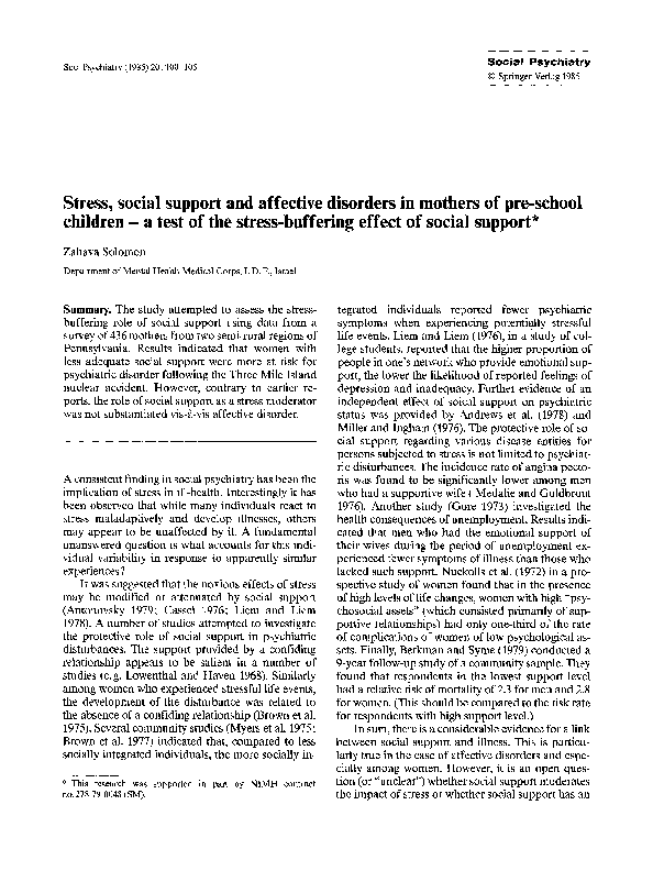 (PDF) Stress, social support and affective disorders in mothers of pre ...