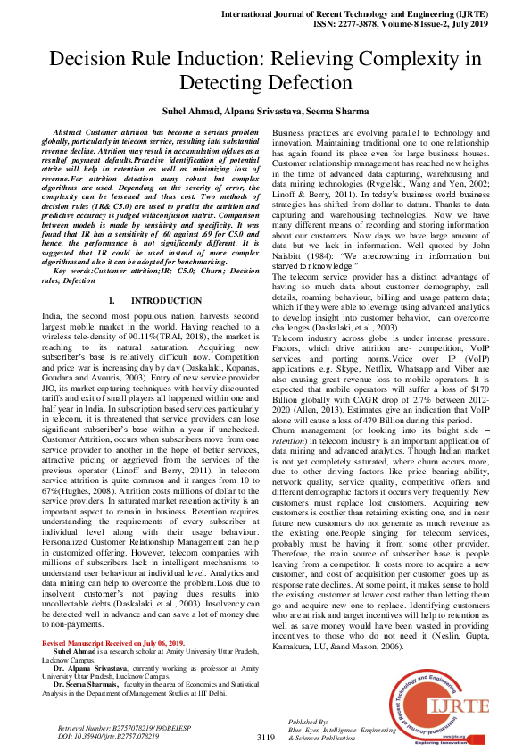 Pdf Decision Rule Induction Relieving Complexity In Detecting Defection Alpana Srivastava