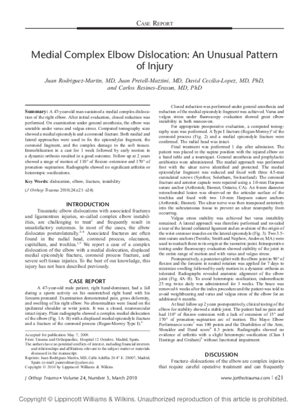 (PDF) Medial Complex Elbow Dislocation: An Unusual Pattern of Injury