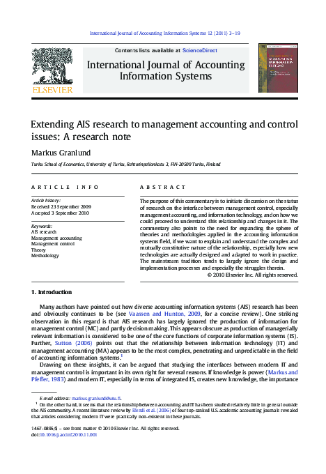 (PDF) Extending AIS research to management accounting and control ...