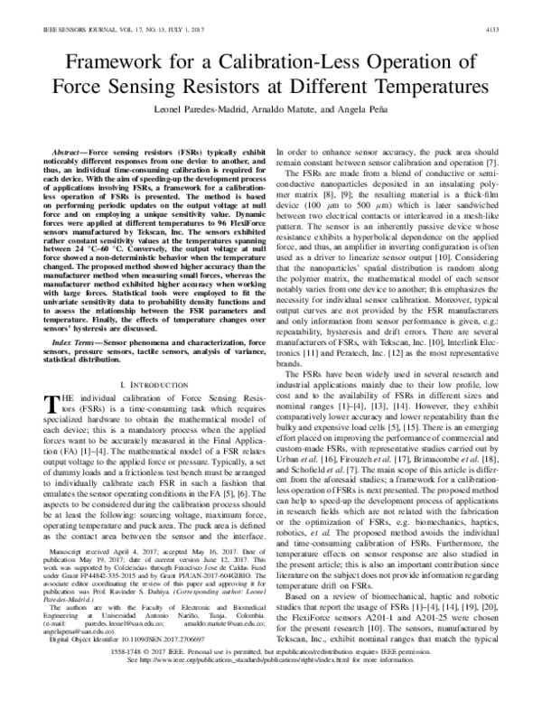 Pdf Framework For A Calibration Less Operation Of Force Sensing Resistors At Different