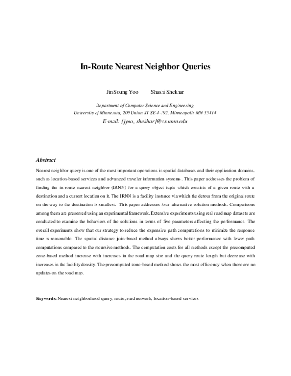 Pdf In Route Nearest Neighbor Queries Shashi Shekhar