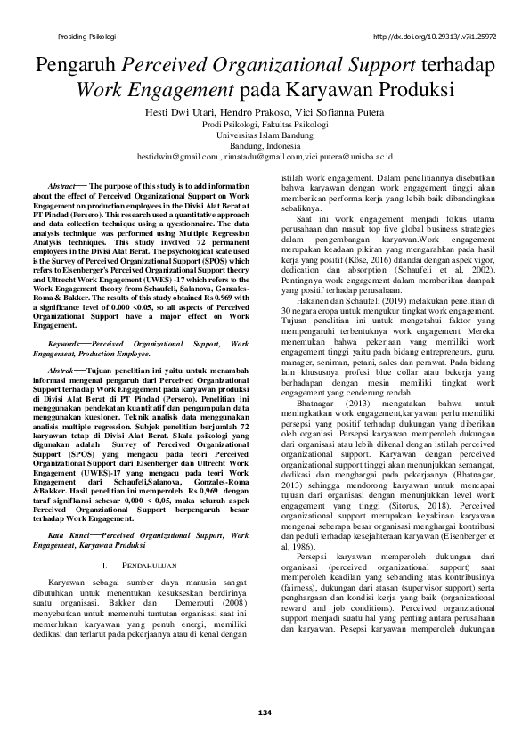 (PDF) Pengaruh Perceived Organizational Support terhadap Work Engagement pada Karyawan Produksi