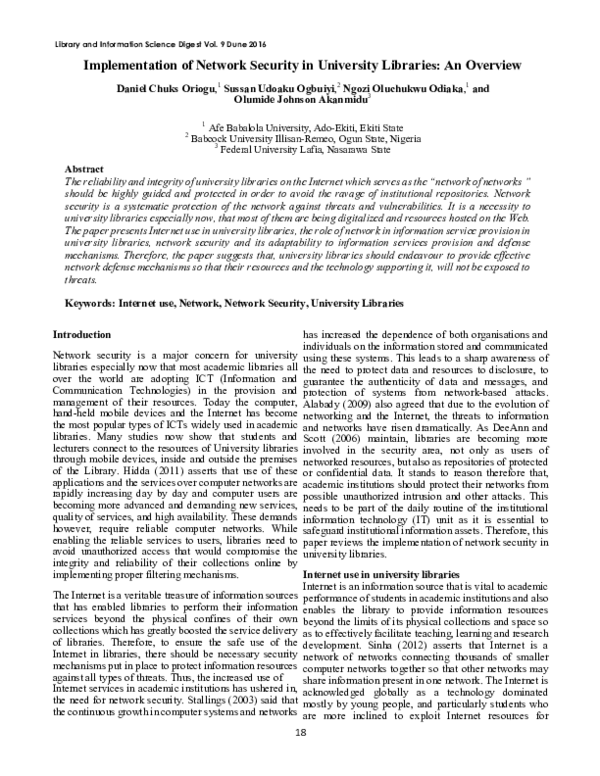 (PDF) Implementation of Network Security in University Libraries