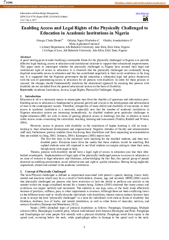 (PDF) Enabling Access and Legal Rights of the Physically Challenged to Education in Academic ...