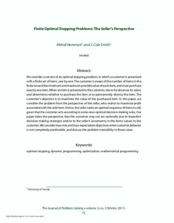 Pdf Finite Optimal Stopping Problems The Sellers Perspective