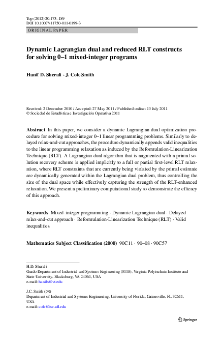 Pdf Dynamic Lagrangian Dual And Reduced Rlt Constructs For Solving 0 1 Mixed Integer Programs