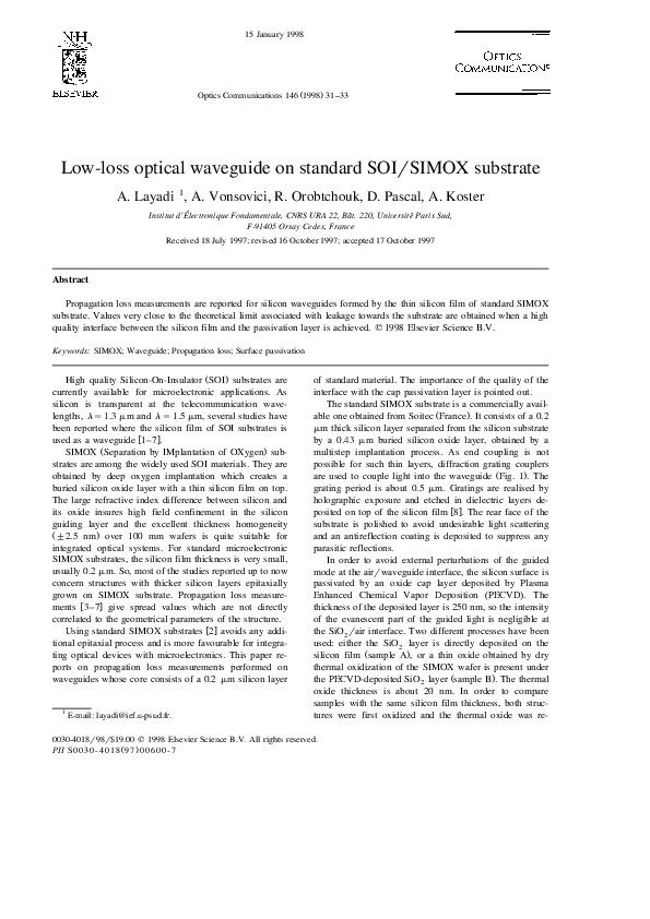 (PDF) Low-loss optical waveguide on standard SOI/SIMOX substrate