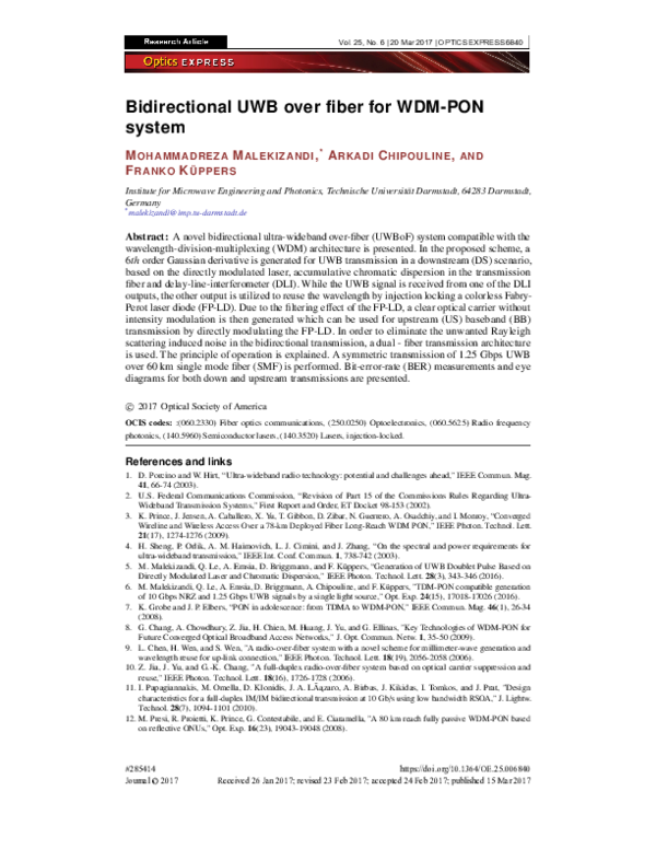 (PDF) Bidirectional UWB over fiber for WDM-PON system