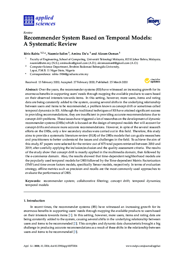 Pdf Recommender System Based On Temporal Models A Systematic Review