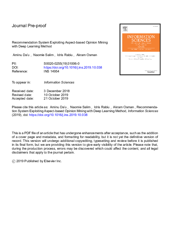 (PDF) Recommendation system exploiting aspect-based opinion mining with deep learning method