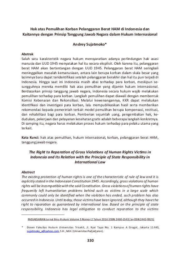 (PDF) Hak atas Pemulihan Korban Pelanggaran Berat HAM di Indonesia dan Kaitannya dengan Prinsip ...