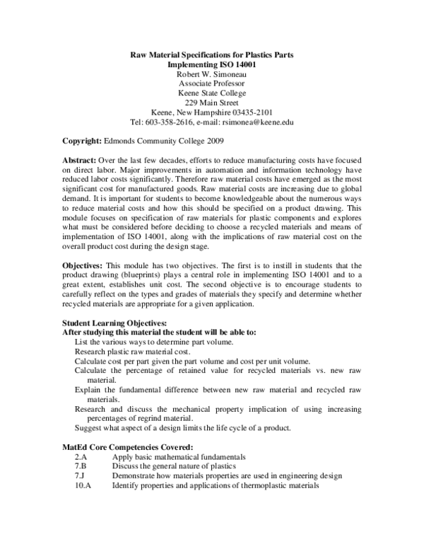 (PDF) Raw Material Specifications for Plastics Parts Implementing ISO 14001